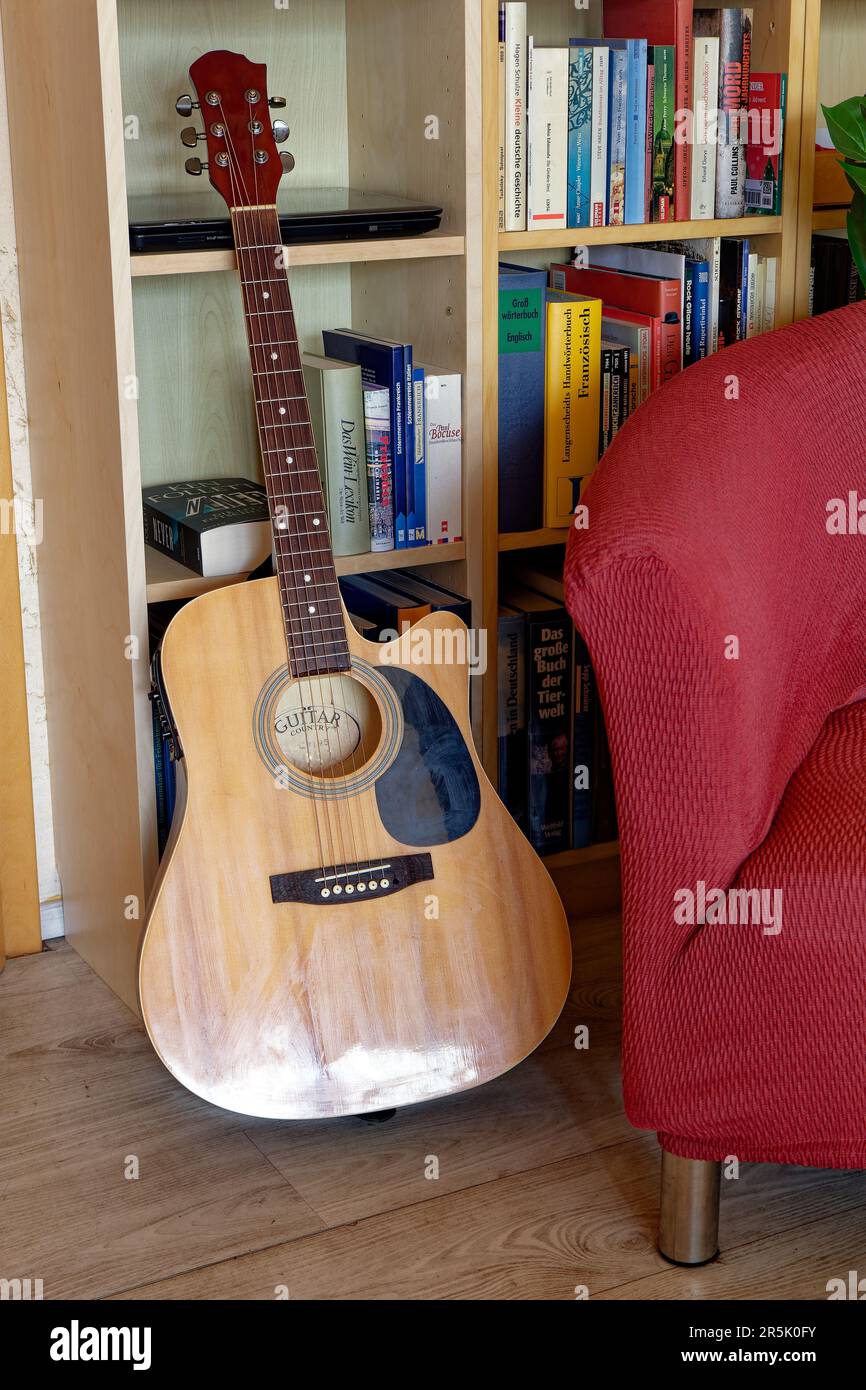 Musical instrument: guitar in front of a bookshelf Stock Photo - Alamy