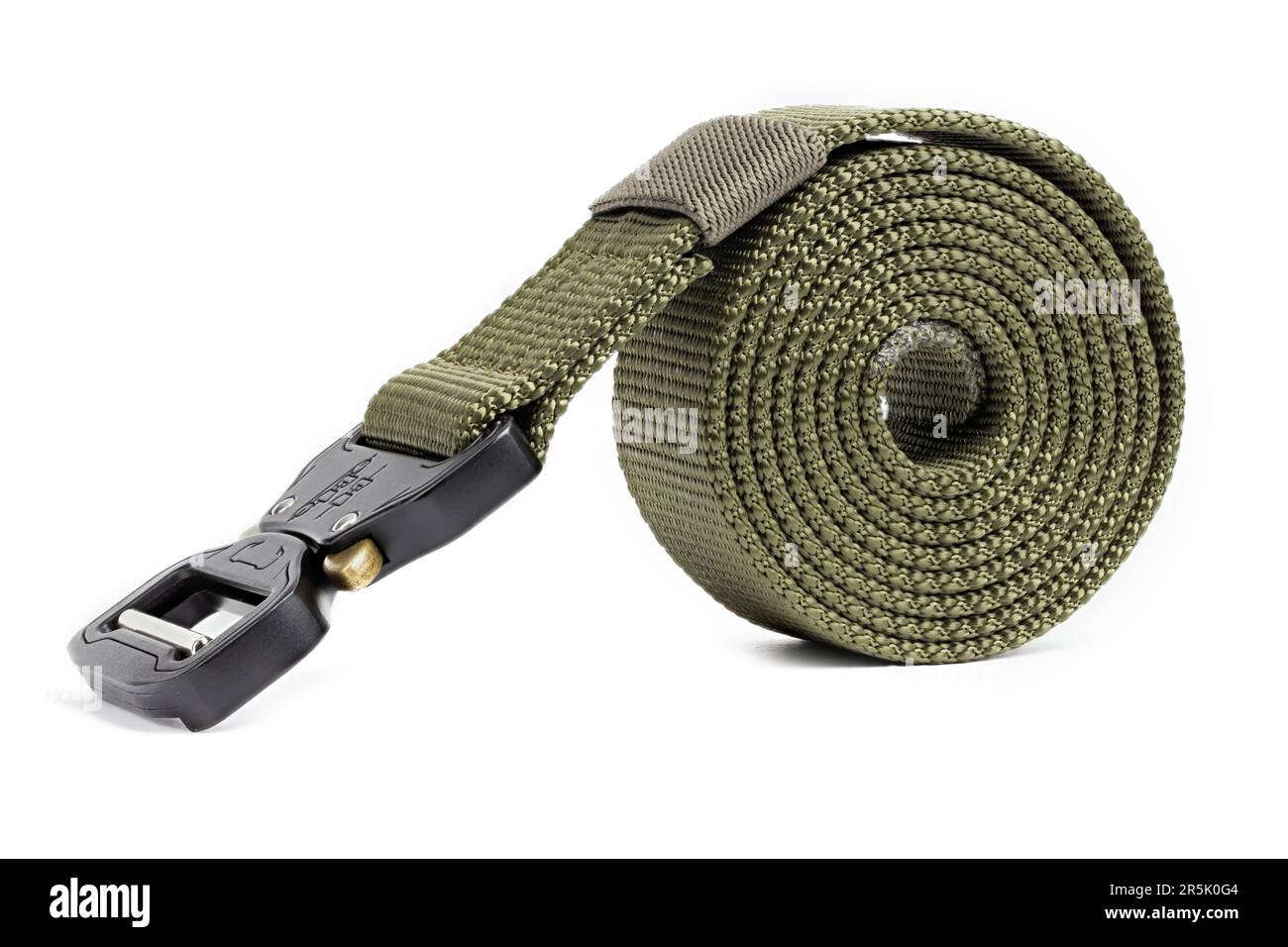 The military fabric belt with fastening is twisted. Isolated on white ...