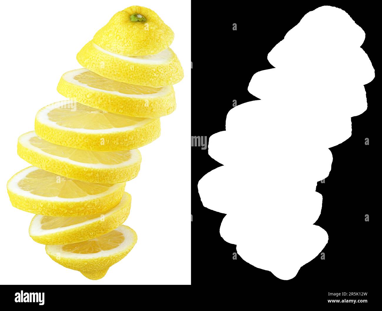 Sliced lemon citrus fruit with water drops isolated on white background ...