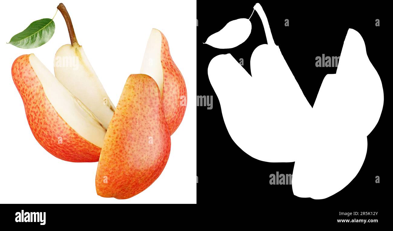 Sliced red pear with green leaf isolated on white background with ...