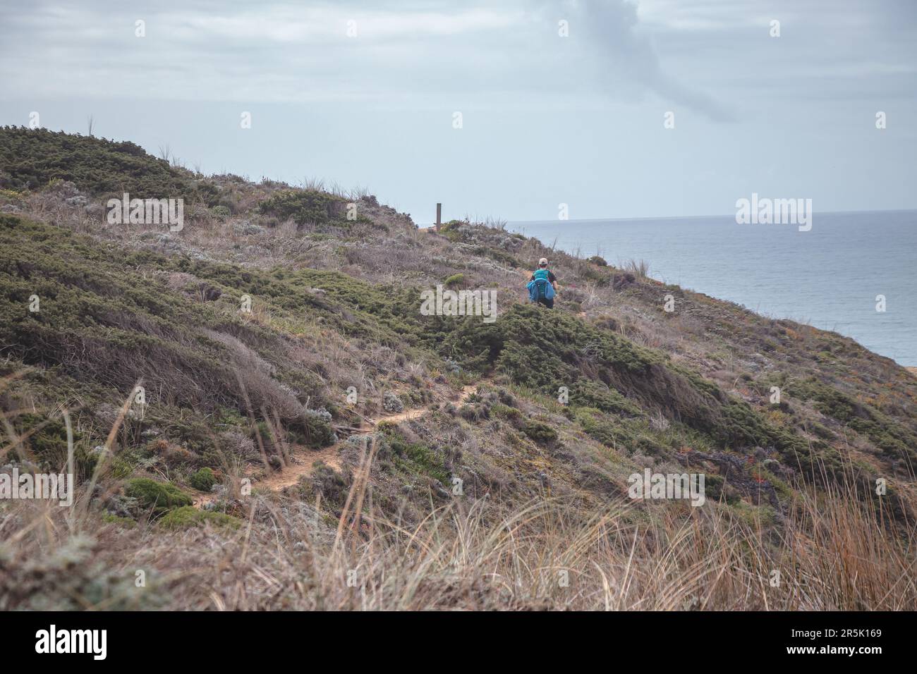 Two travelers walking with a loaded backpack along the trail. Crossing ...
