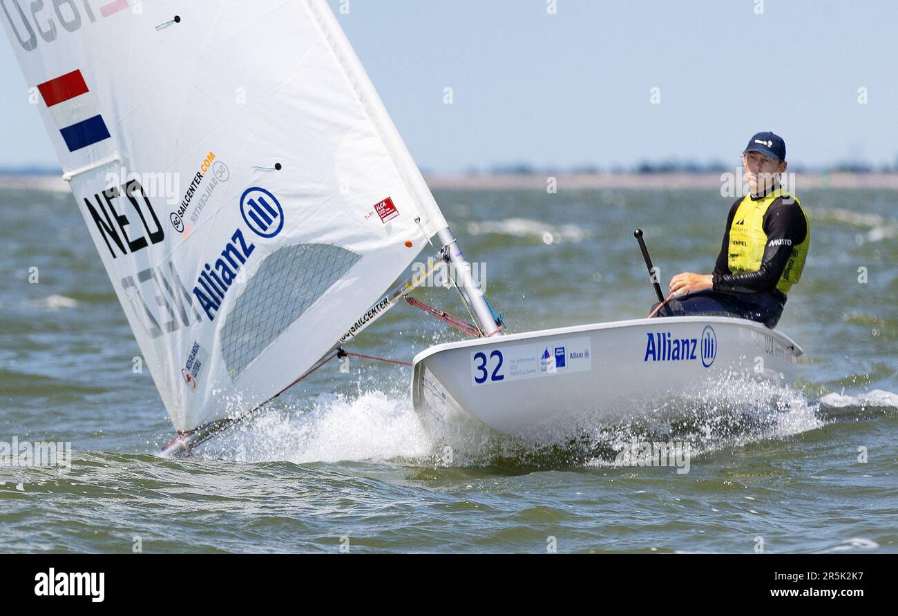 ALMERE - Duko Bos in the class Ilca7 during the medal races of the ...