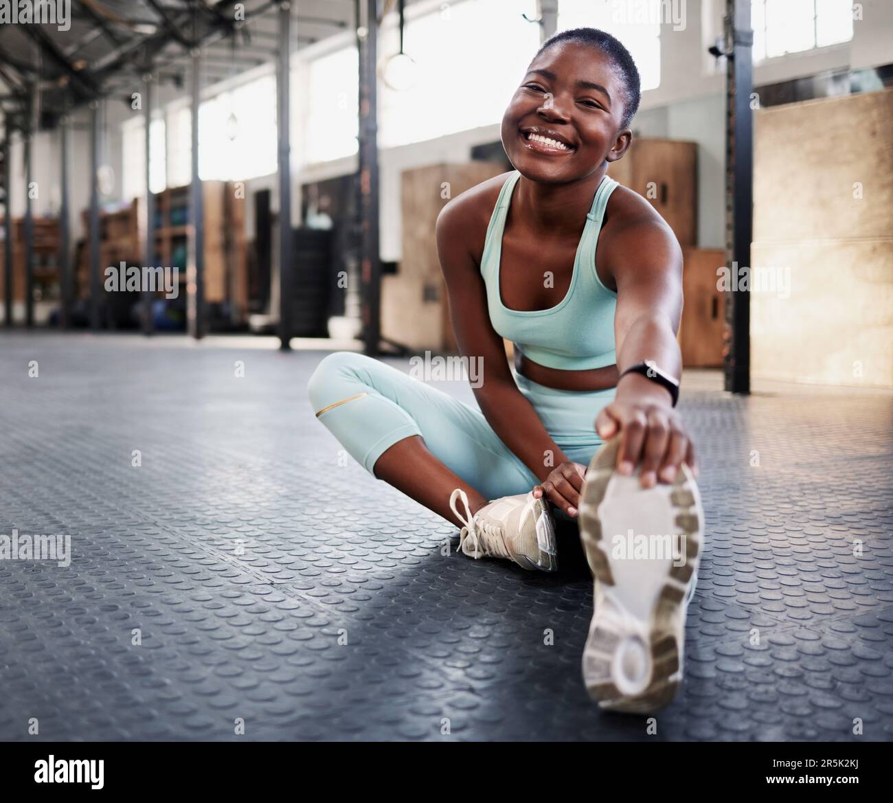 Fitness, portrait or black woman stretching legs for gym workout ...