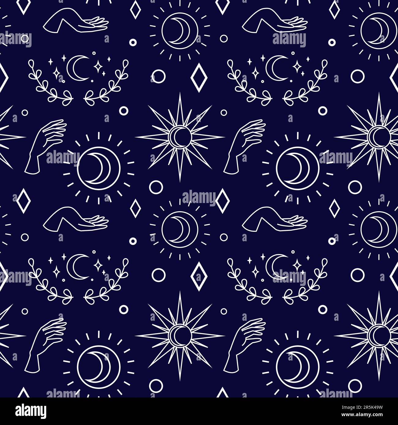 Vector magic seamless pattern with sun, moon, branch and stars on dark ...