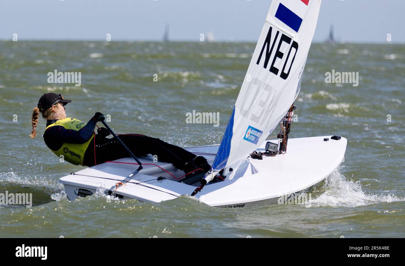 ALMERE - Maxime Jonker in the class Ilca6 during the medal races of the ...