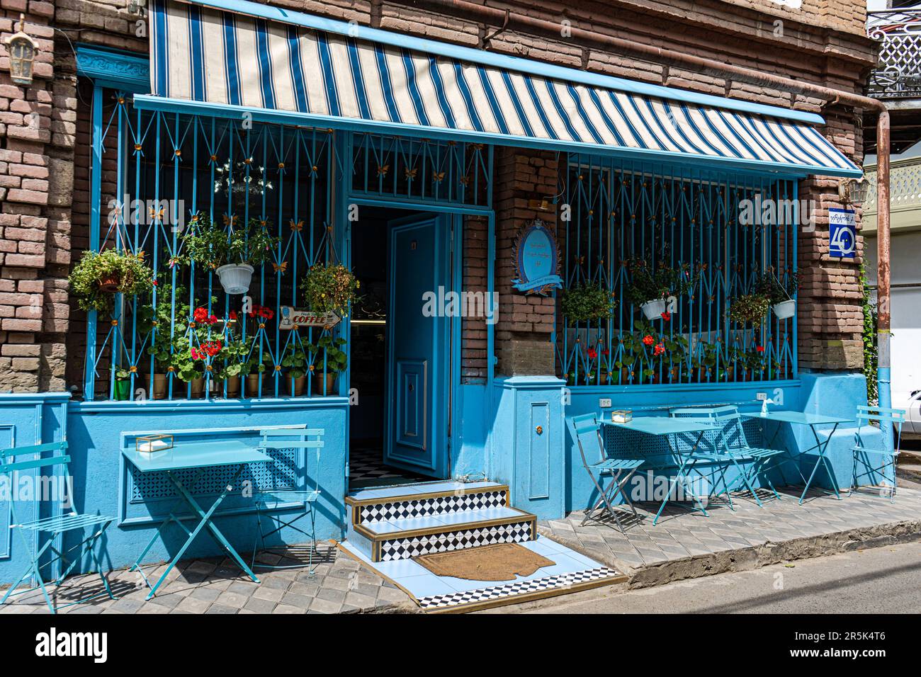 Blue decor of outdoor cafe in Old Tbilisi, capital of Georgia Stock ...