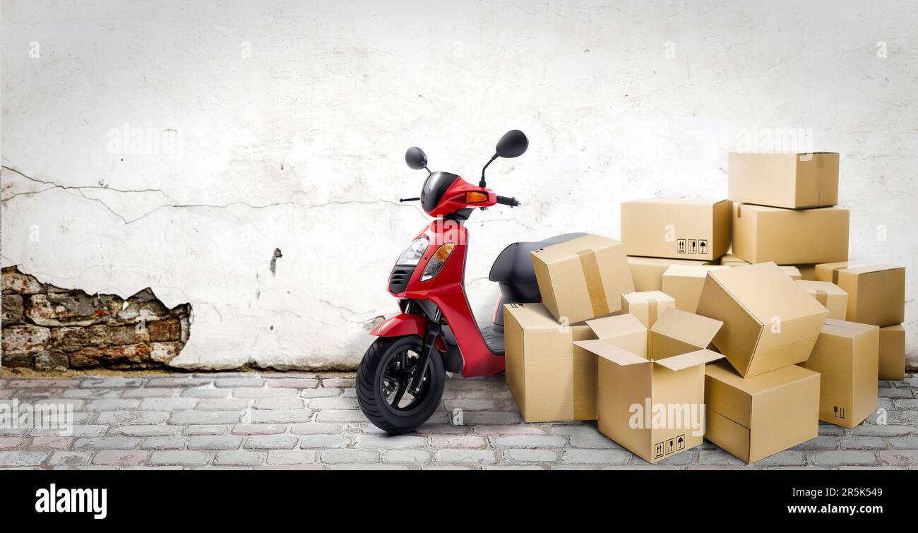 Express delivery service by motorcycle. Red motorcycle with lots of ...