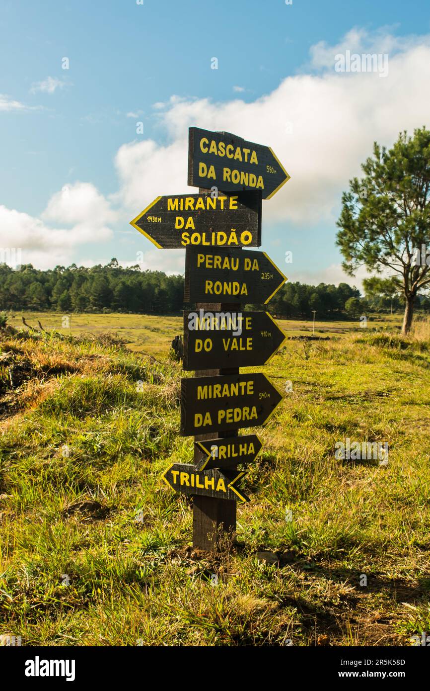 Signs pointing to viewpoints, waterfall and hiking paths at the Ronda ...