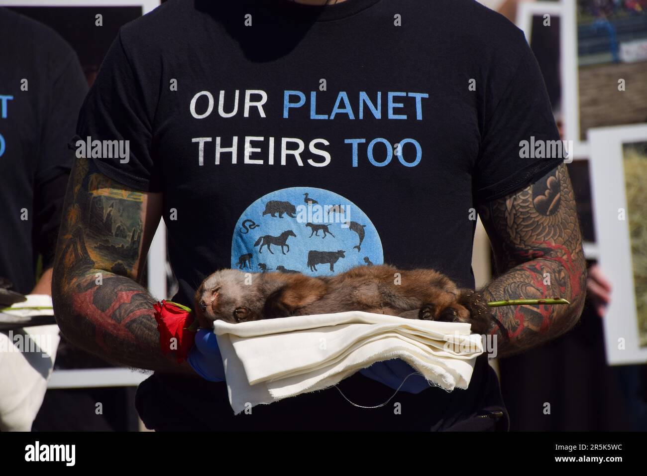 London, UK. 4th June 2023. Activists holding pictures of animals and ...