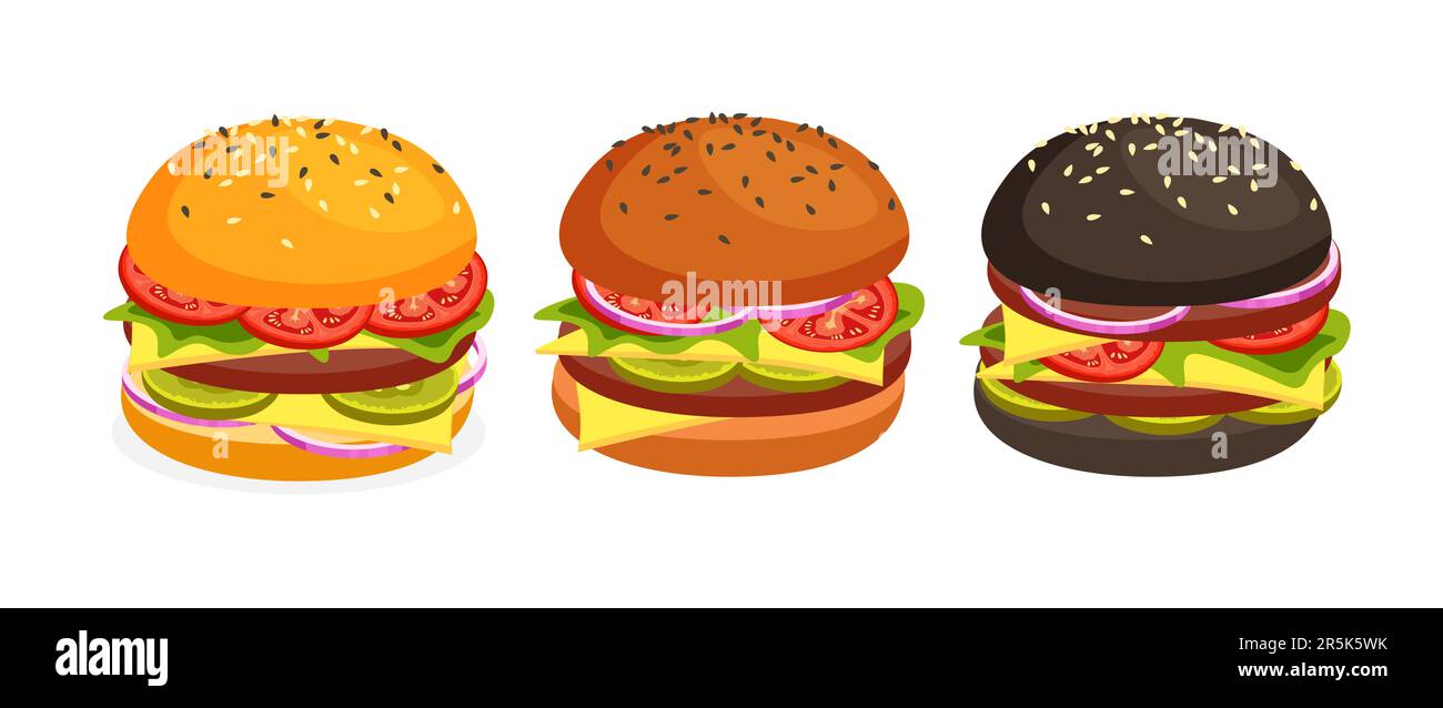 Vector burgers with different color bun set. Burger with cheese ...