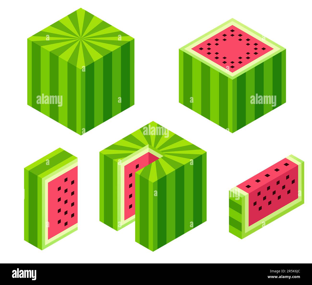 Isometric 3d watermelon cube set. Whole, cross section, cut slices ...