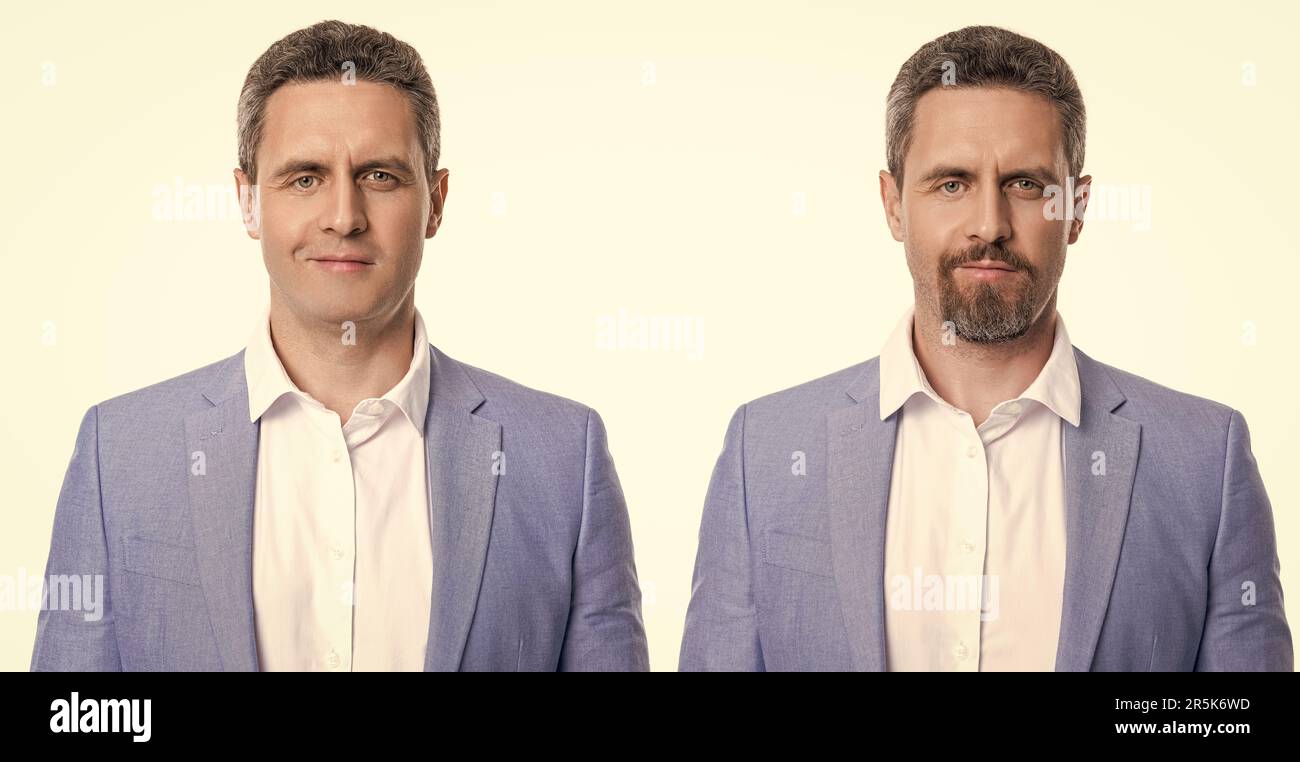 two man face shaven comparison before and after in studio. man face ...