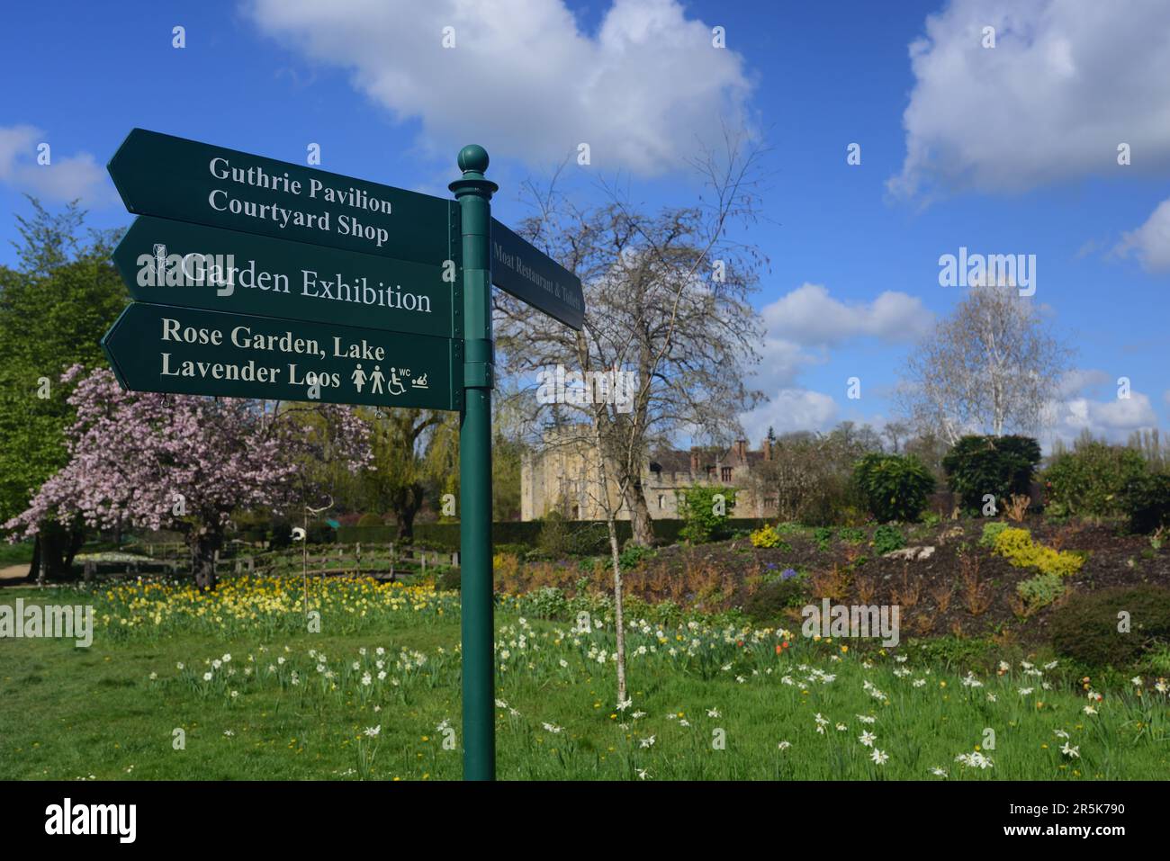 A signpost in the gardens at Hever Castle, Kent, the childhood home of ...