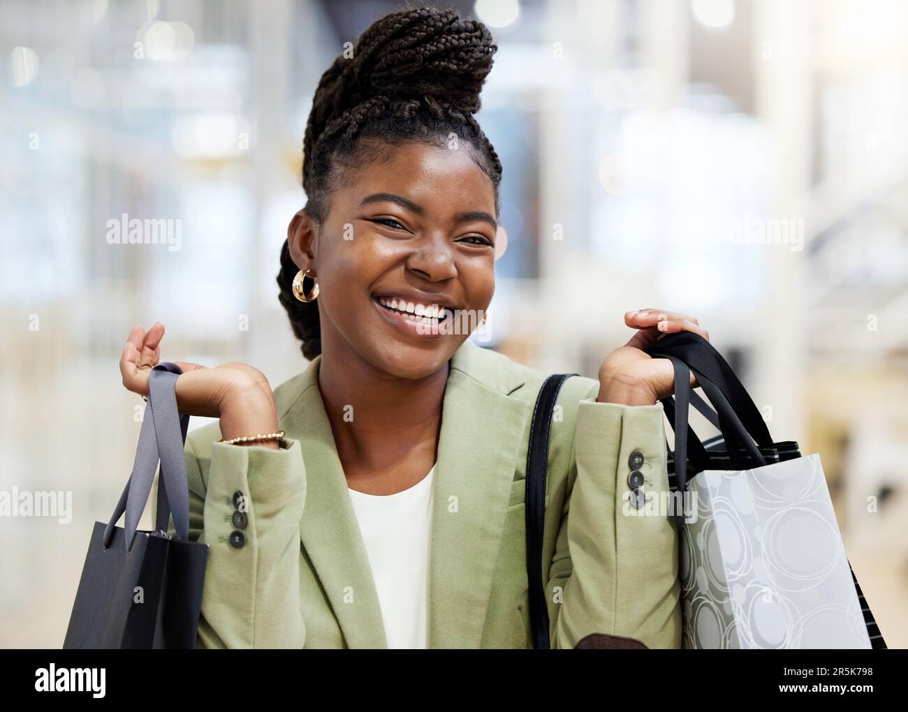 Black woman, shopping bag and portrait smile in sale, discount or ...