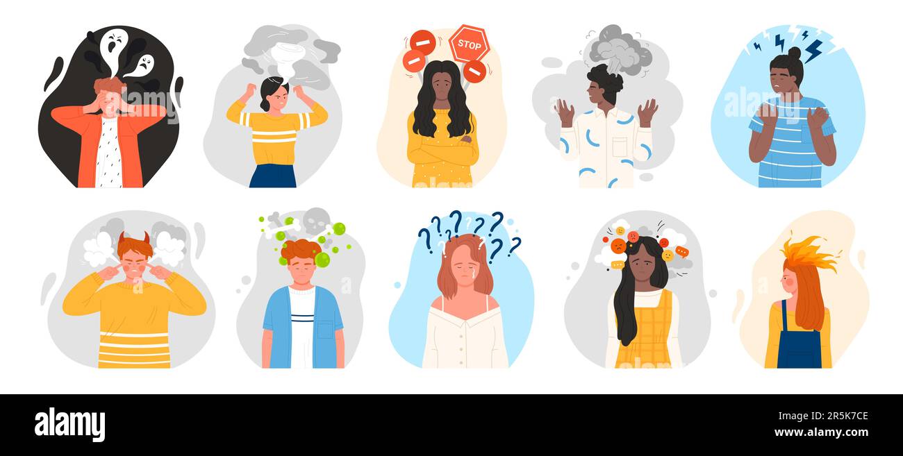 Negative thoughts and mood in people set vector illustration. Cartoon ...