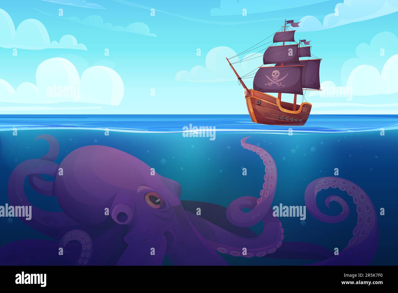 Cartoon sea or ocean game adventure background template with boat ...