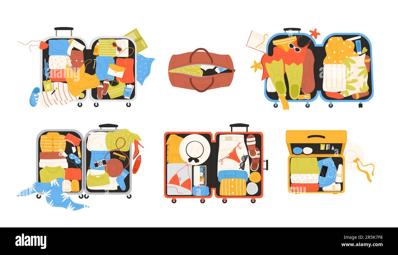 Open suitcases and bags set vector illustration. Cartoon isolated hand ...