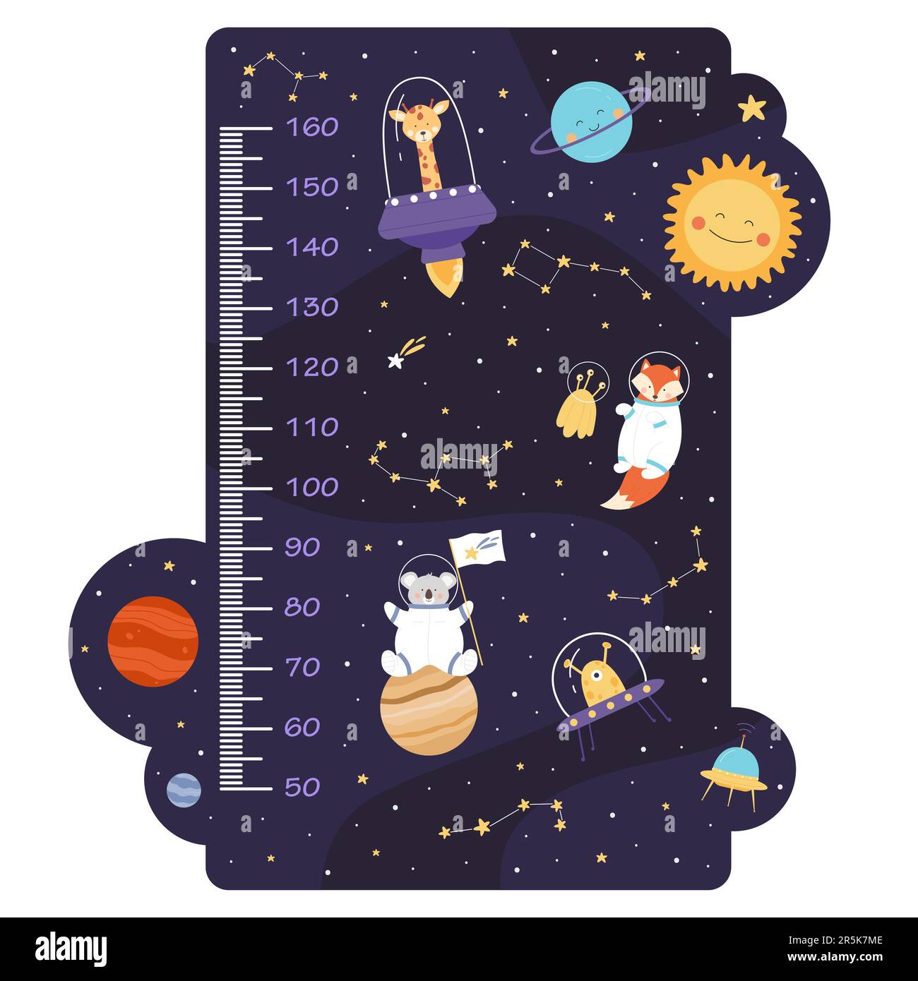 Kids height chart with cute space animals vector illustration. Cartoon ...