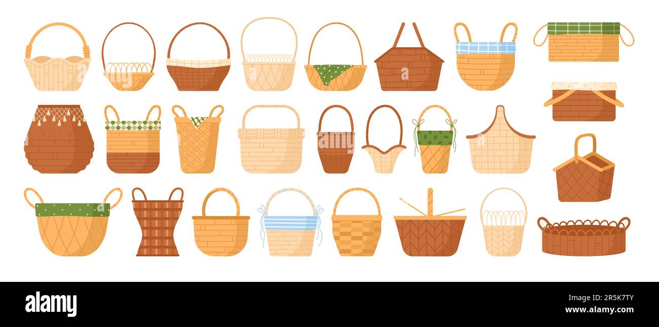 Basket set vector illustration. Cartoon isolated wooden, bamboo and ...