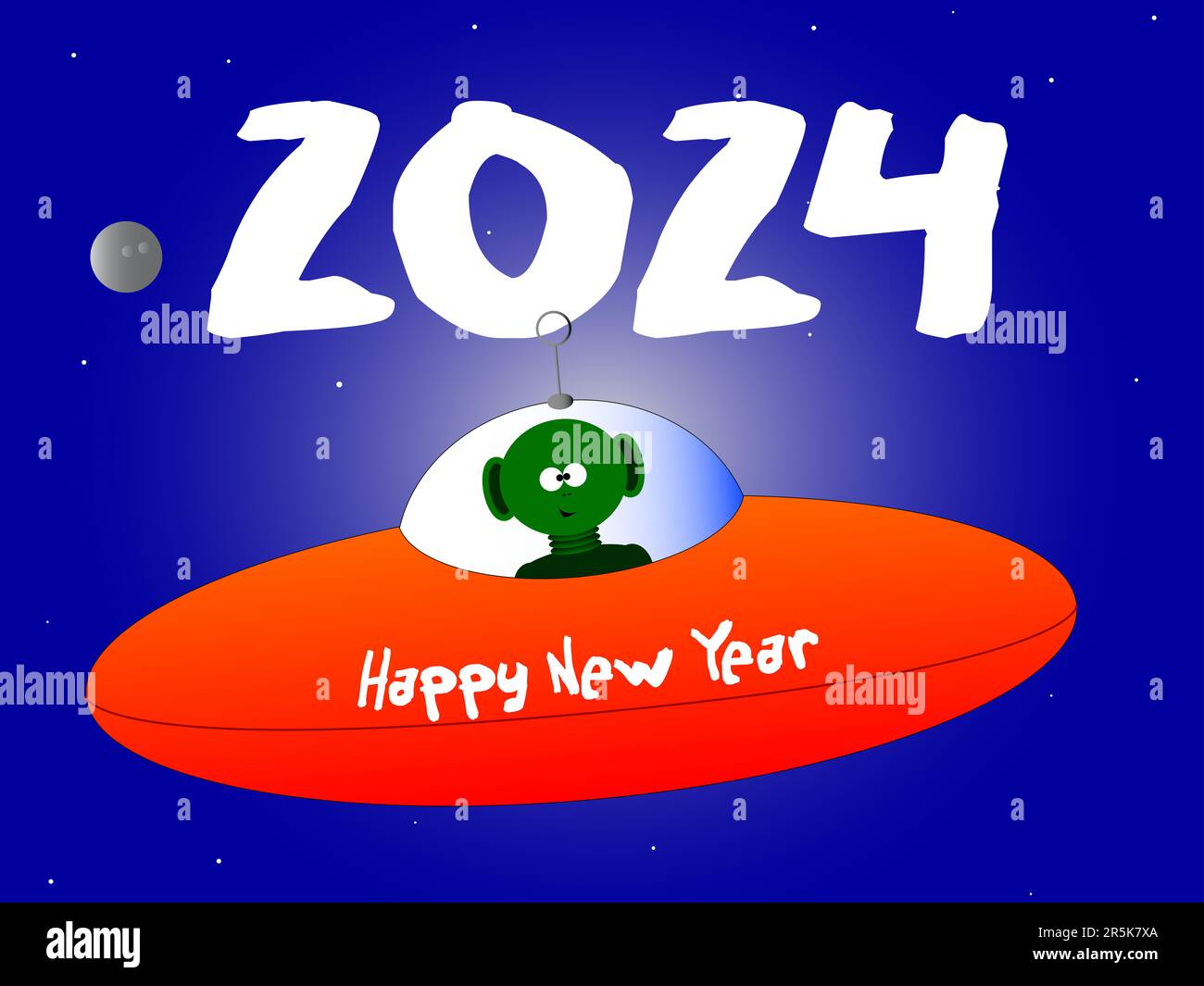 A happy new years 2024 mesage from a flying saucer with an alien Stock ...