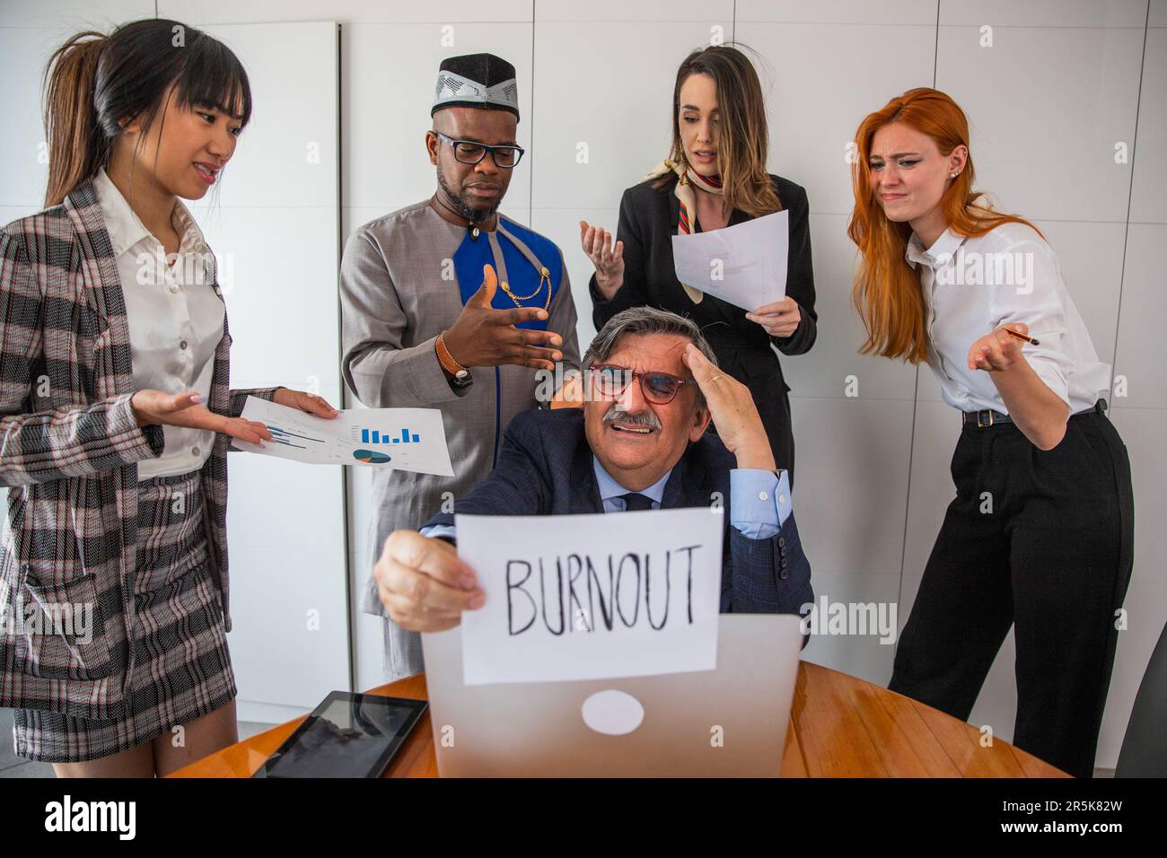 A businessman is stressed because his colleagues mistreat him and he ...