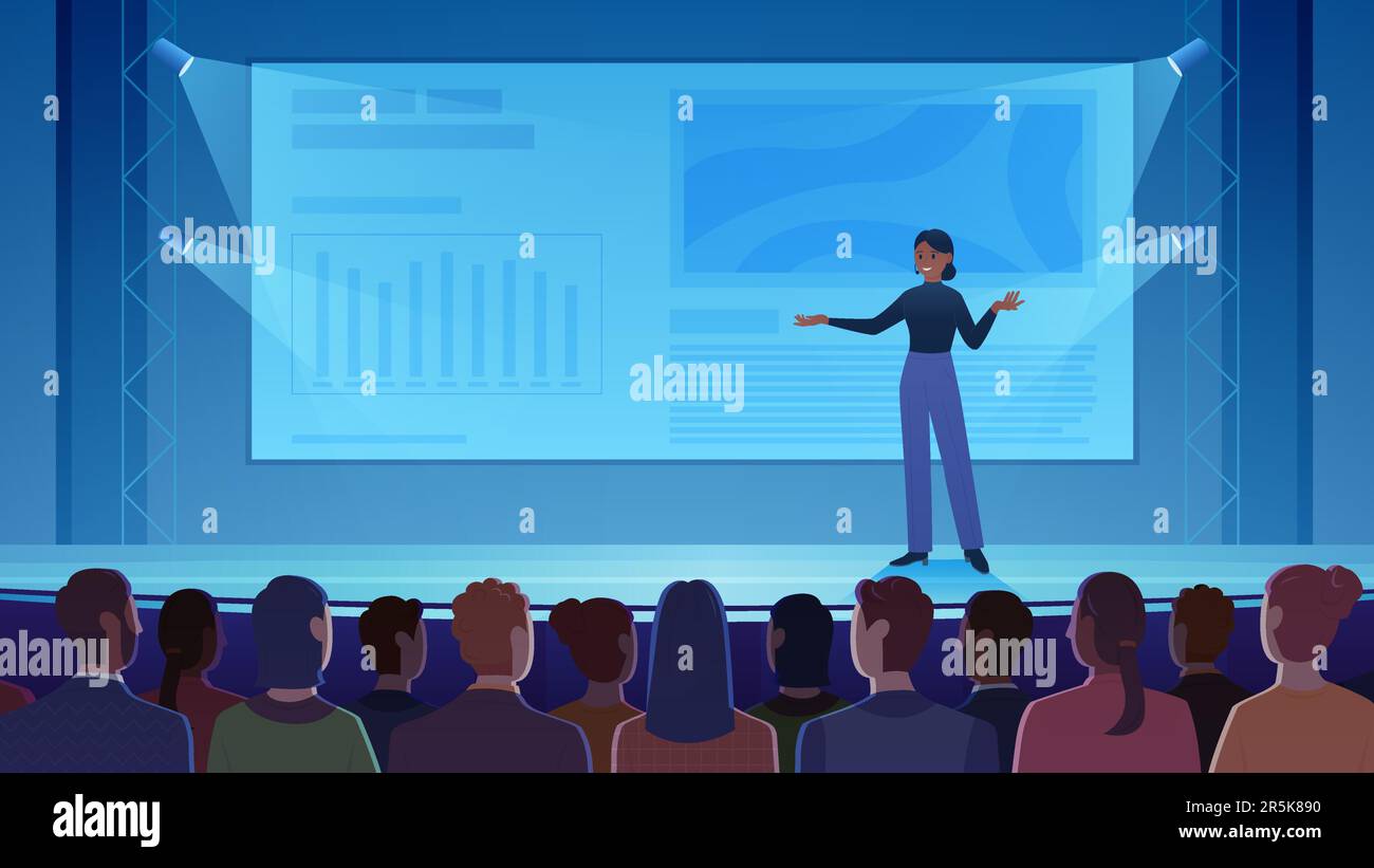 Public lecture, business training for audience vector illustration. Cartoon woman presenting ...