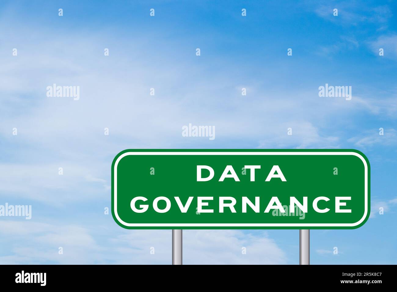 Green transportation sign with word data governance on blue sky ...