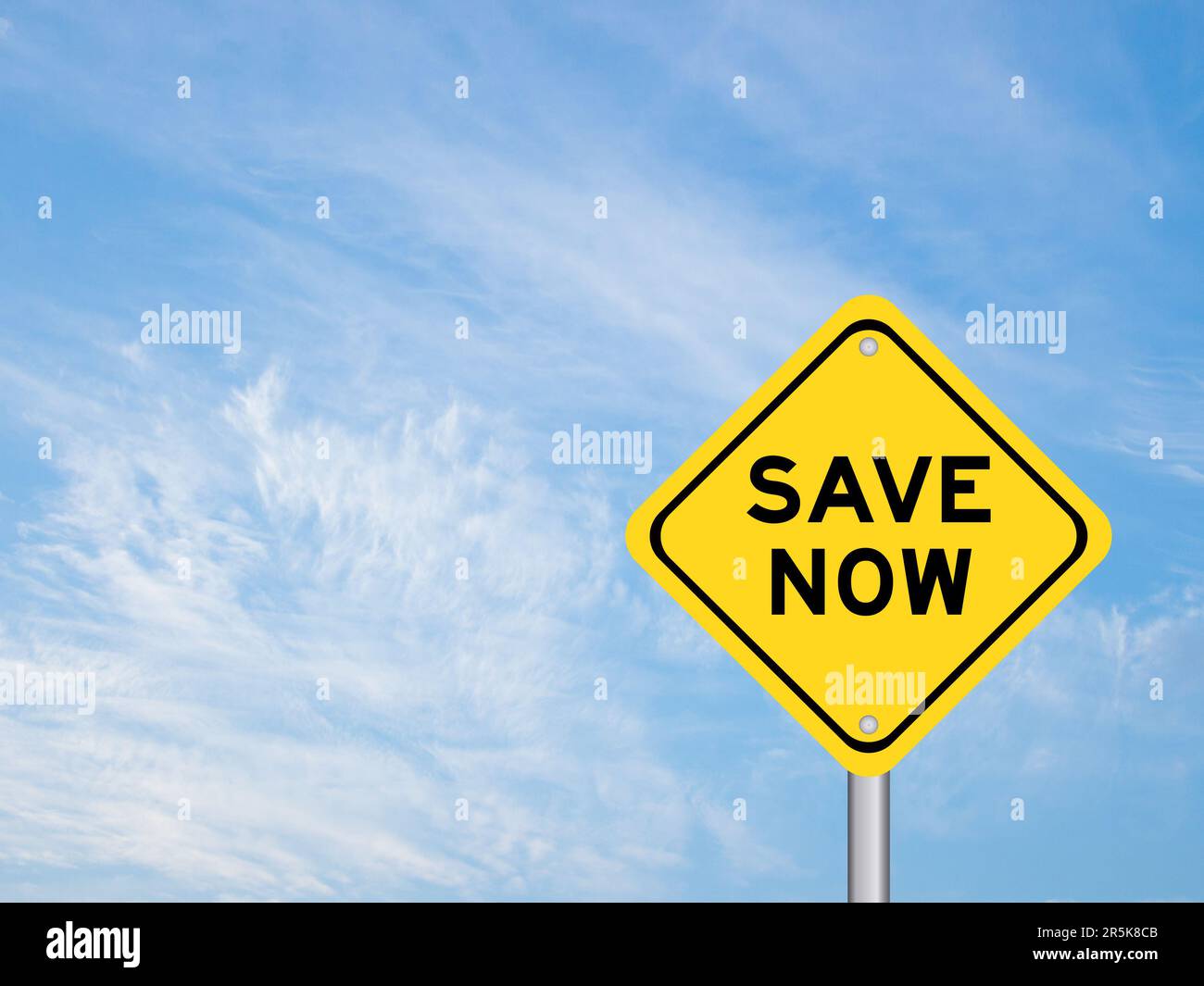 Yellow transportation sign with word save now on blue color sky ...