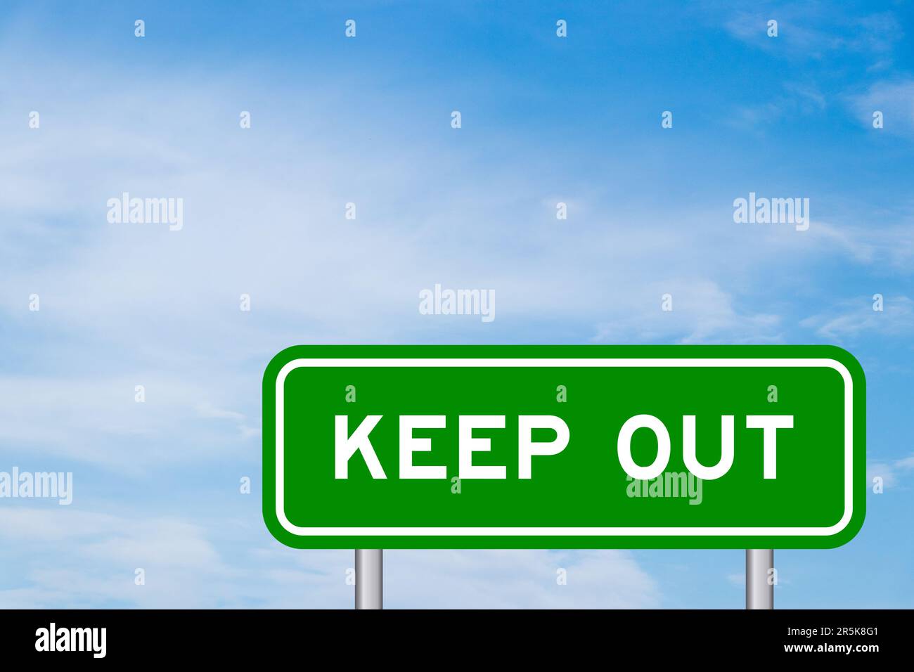 Green color transportation sign with word keep out on blue sky with ...