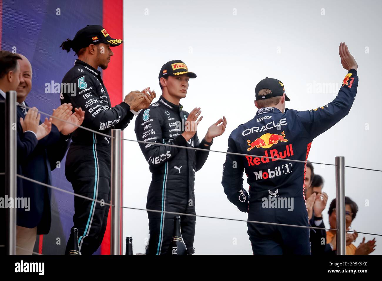 BARCELONA - Max Verstappen (Red Bull Racing) on the podium with Lewis ...
