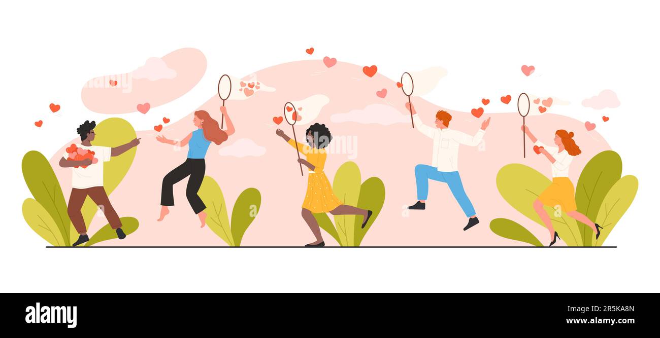 People catch flying red hearts with net vector illustration. Cartoon ...