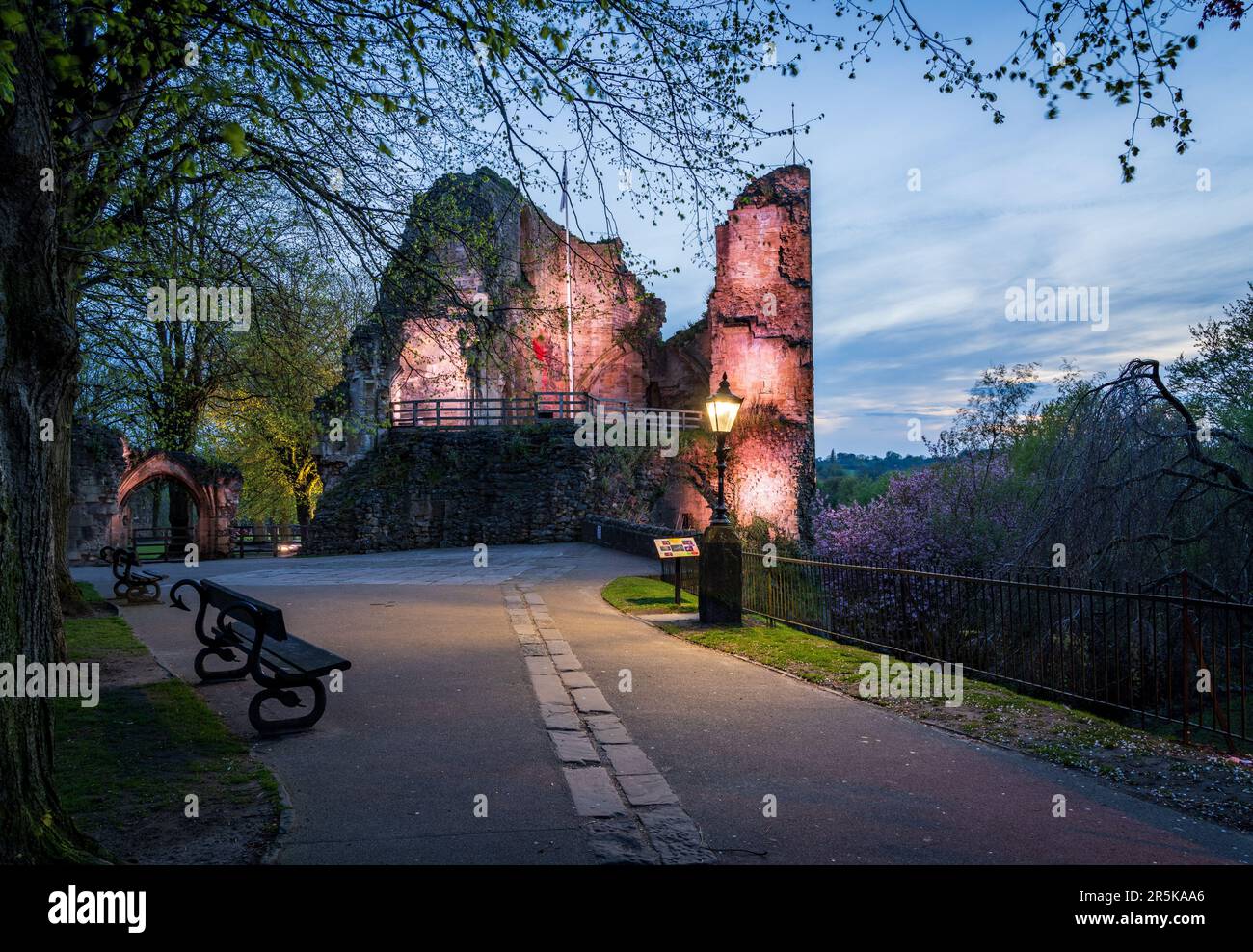 Ancient stone castle walls with keep overlooking river in Knaresborough ...