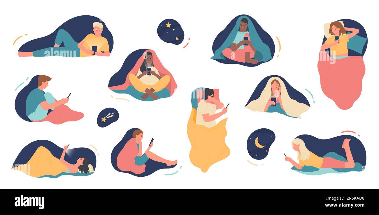 Insomnia of mobile phone addicts at night set vector illustration ...