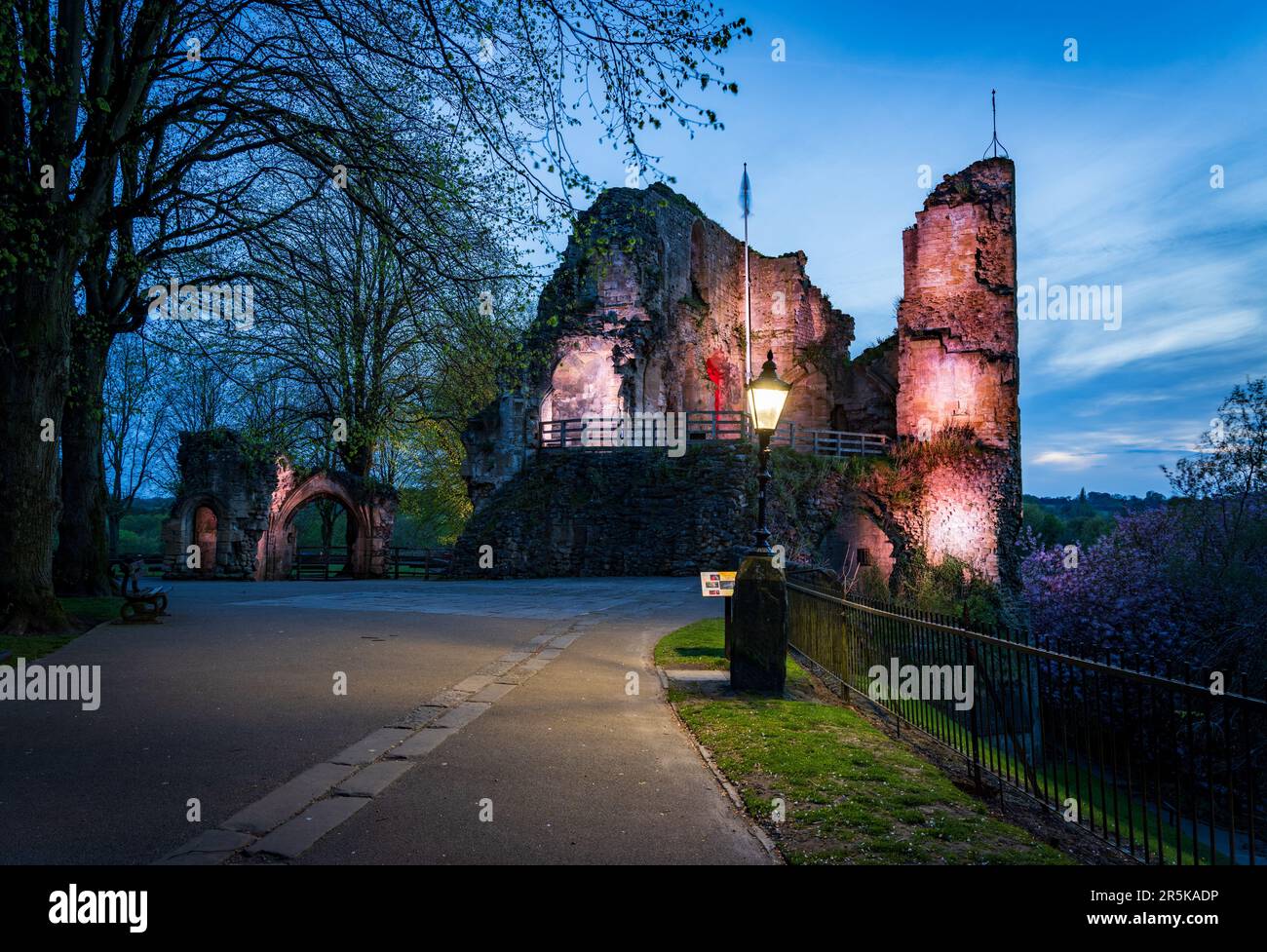 Ancient stone castle walls with keep overlooking river in Knaresborough ...