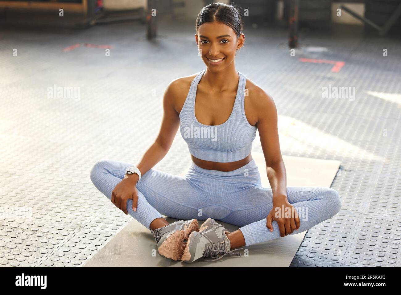 Meditation, yoga and portrait of Indian woman in gym for wellness ...