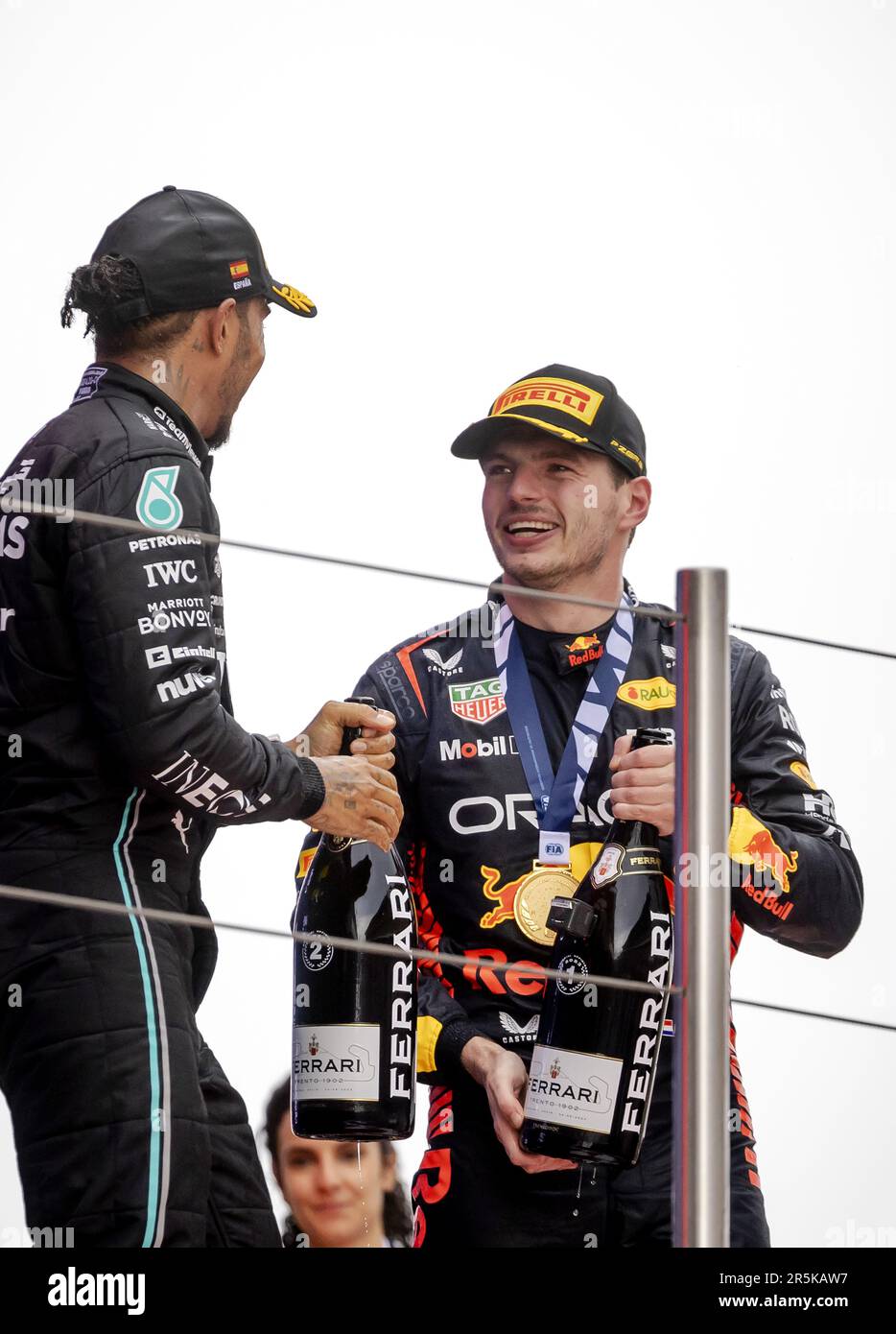 BARCELONA - Max Verstappen (Red Bull Racing) on the podium with Lewis ...