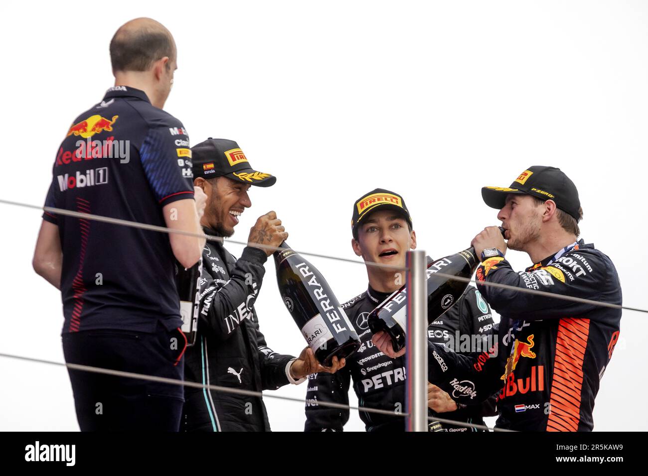 BARCELONA - Max Verstappen (Red Bull Racing) on the podium with Lewis ...
