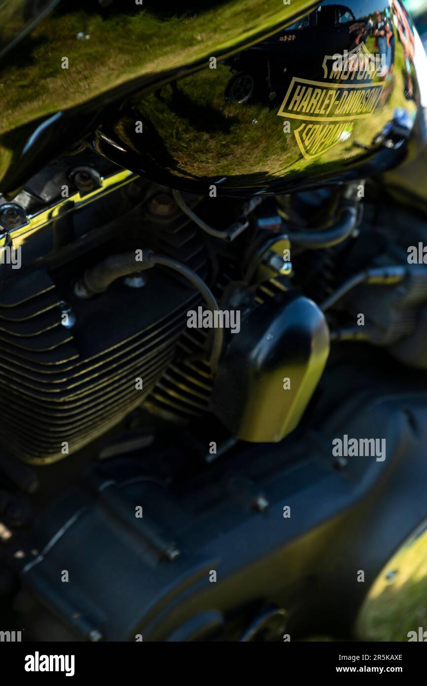 Harley Davidson engine. Classic car meet at Hanley Farm, Chepstow Stock ...