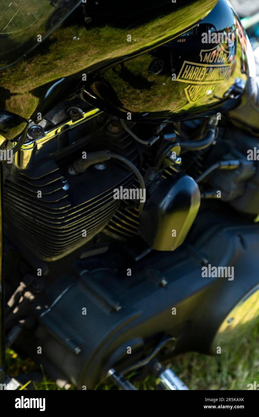 Harley Davidson engine. Classic car meet at Hanley Farm, Chepstow Stock ...