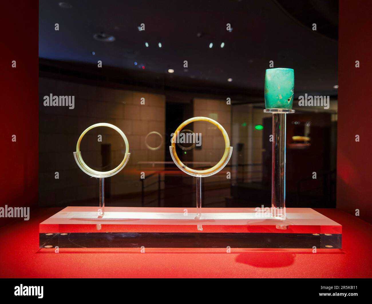 CHENGDU, CHINA - JUNE 2, 2023 - Unearthed jade artifacts are displayed ...