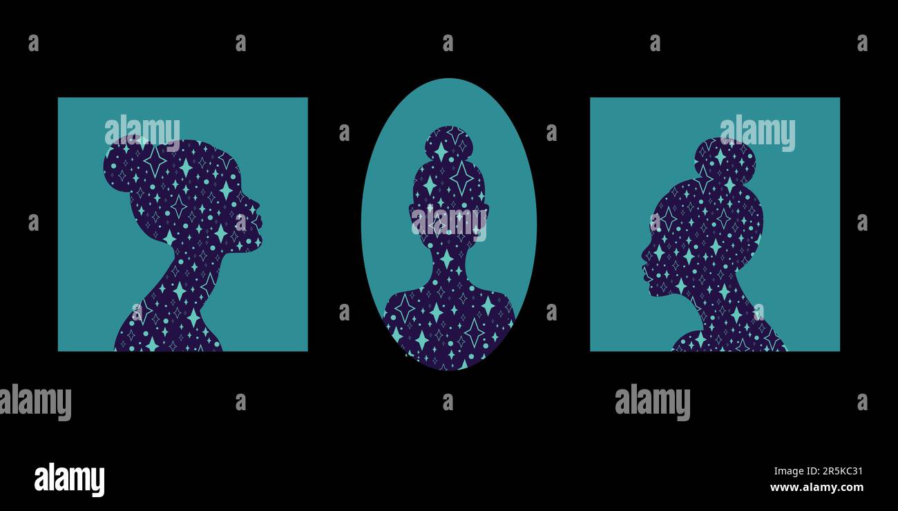 Abstract women silhouettes set with star pattern on a black background ...
