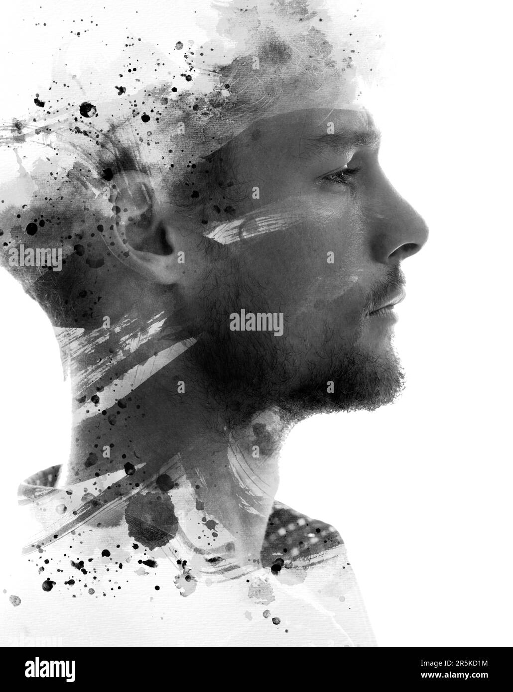 A paintography man's profile portrait with paint stains and brush ...