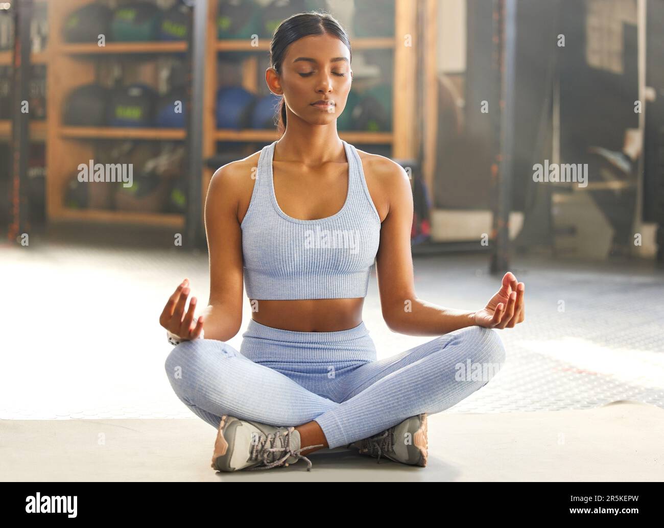 Lotus meditation, yoga and Indian woman in gym for wellness ...