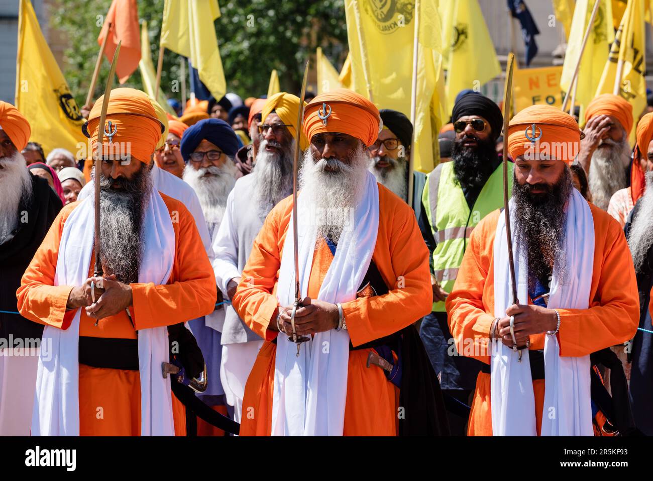 London, UK. 4 June 2023. British Sikh march to Trafalgar Square to mark ...