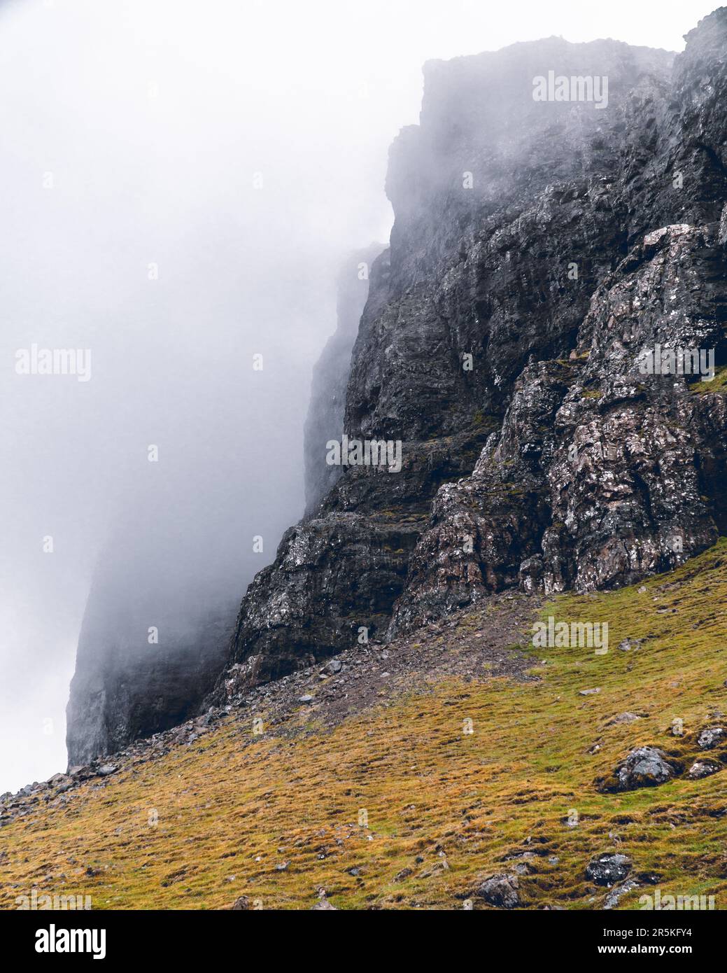 A mystic veil of fog envelops a towering mountain wall, shrouding it in ...
