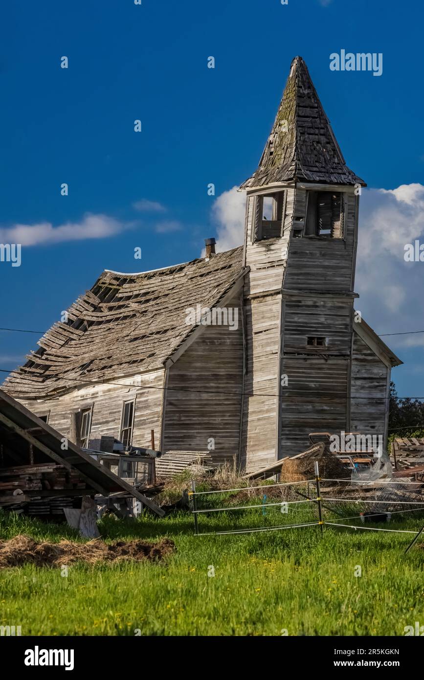 Flora Methodist Church, long abandoned, in the ghost town of Flora, Oregon, USA [No property ...