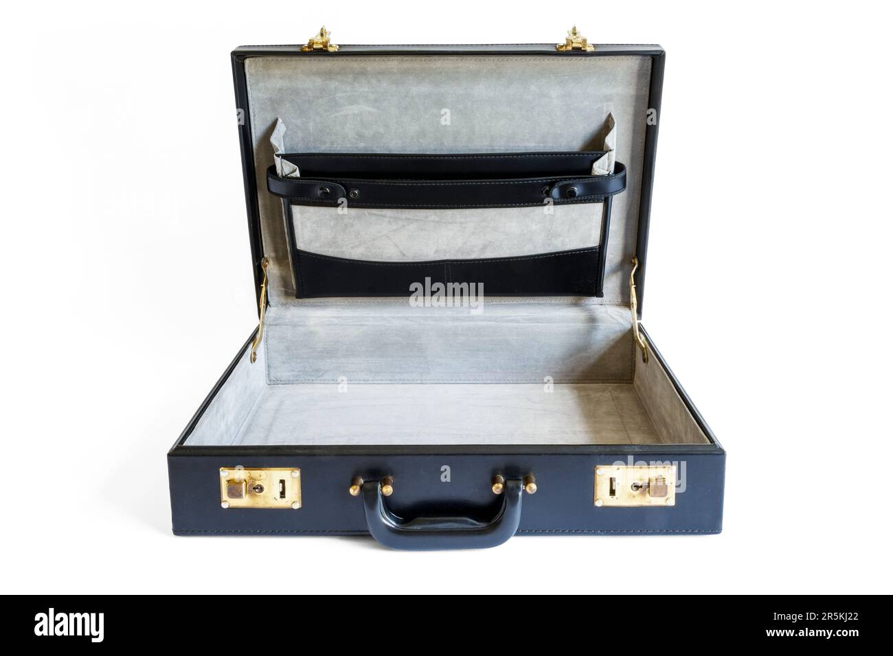 An open black executive-style briefcase isolated on a white background Stock Photo - Alamy