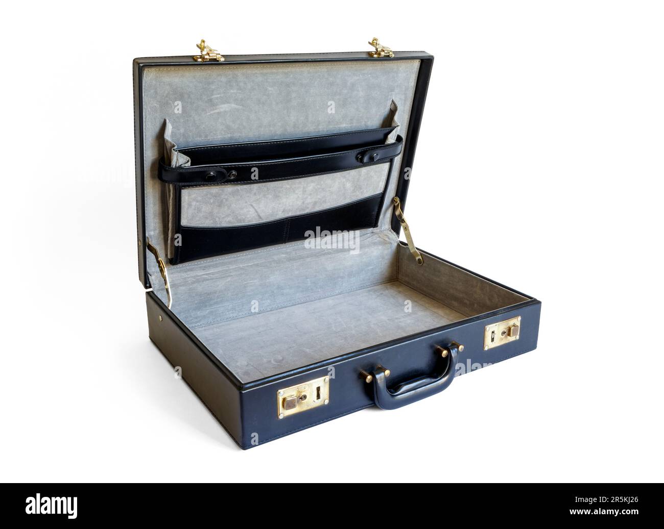 An open black executive-style briefcase isolated on a white background ...