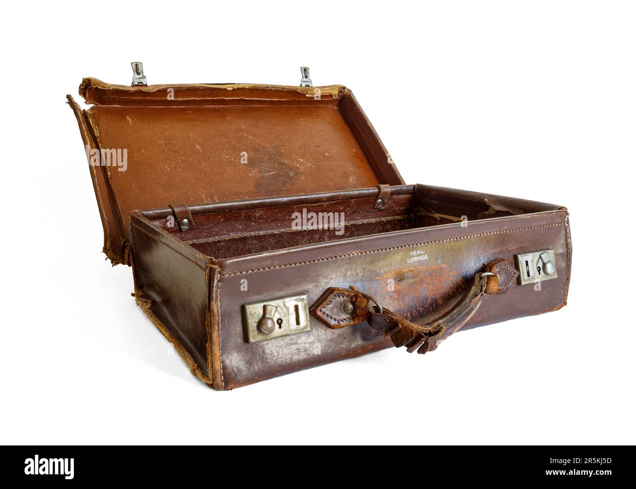 An old battered brown leather suitcase, isolated on a white background ...