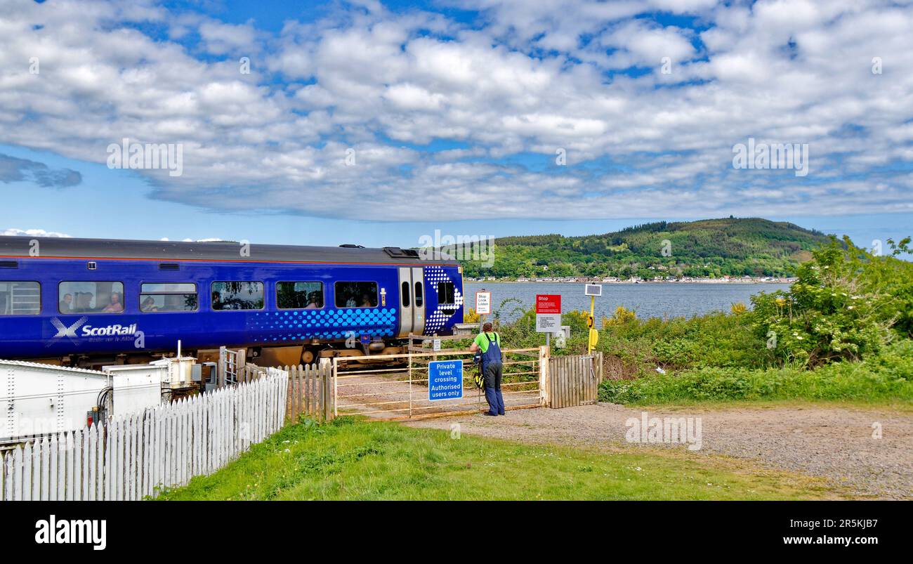 Inverness Scotland blue ScotRail Train crossing the Clachnaharry level ...